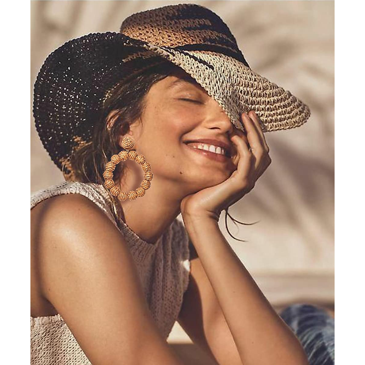 Rattan Zinc Earrings Rattan Ball Hoop Dangle Earrings for Women Handmade Bohemia Earrings Braid Straw Wicker Raffia Earrings Summer Beach Accessory Gifts (Brown)