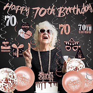 WOJOGO 70th Birthday Decorations Women, Rose Gold 70 Birthday Decorations for Men, Including Happy 70th Birthday Banner Hanging Swirls Birthday Cake Topper Balloons for Party Supplies