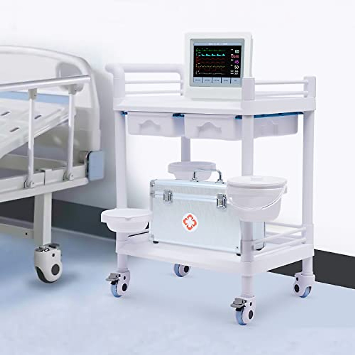 Rolling Utility Cart, 3-Tier Heavy Duty Cosmetology Cart with 360° Swivel Wheels, Dirt Bucket and Drawer for Beauty Salon SPA, Commercial Hospital Office Lab Cart (White)