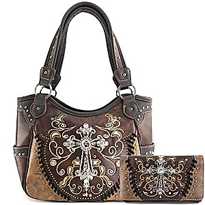 Zelris Spring Bloom Western Cross Women Conceal Carry Tote Handbag Purse Set (Brown)