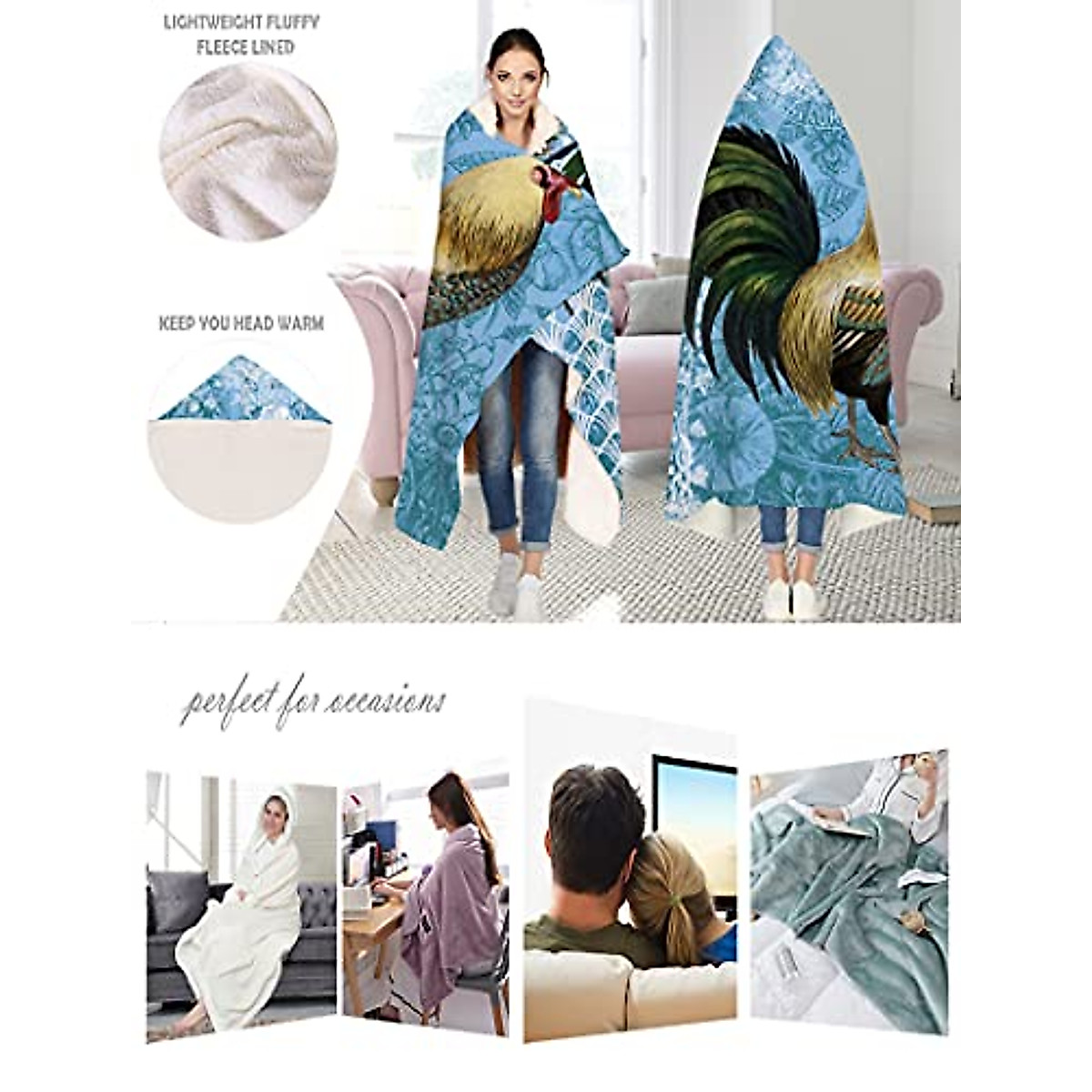 ArneCase Wearable Blankets Reversible Warm Cozy Throw Blankets A Rooster on Retro Blue Pattern Lightweight Sherpa Plush Fluffy Blankets with Hooded 59x79In