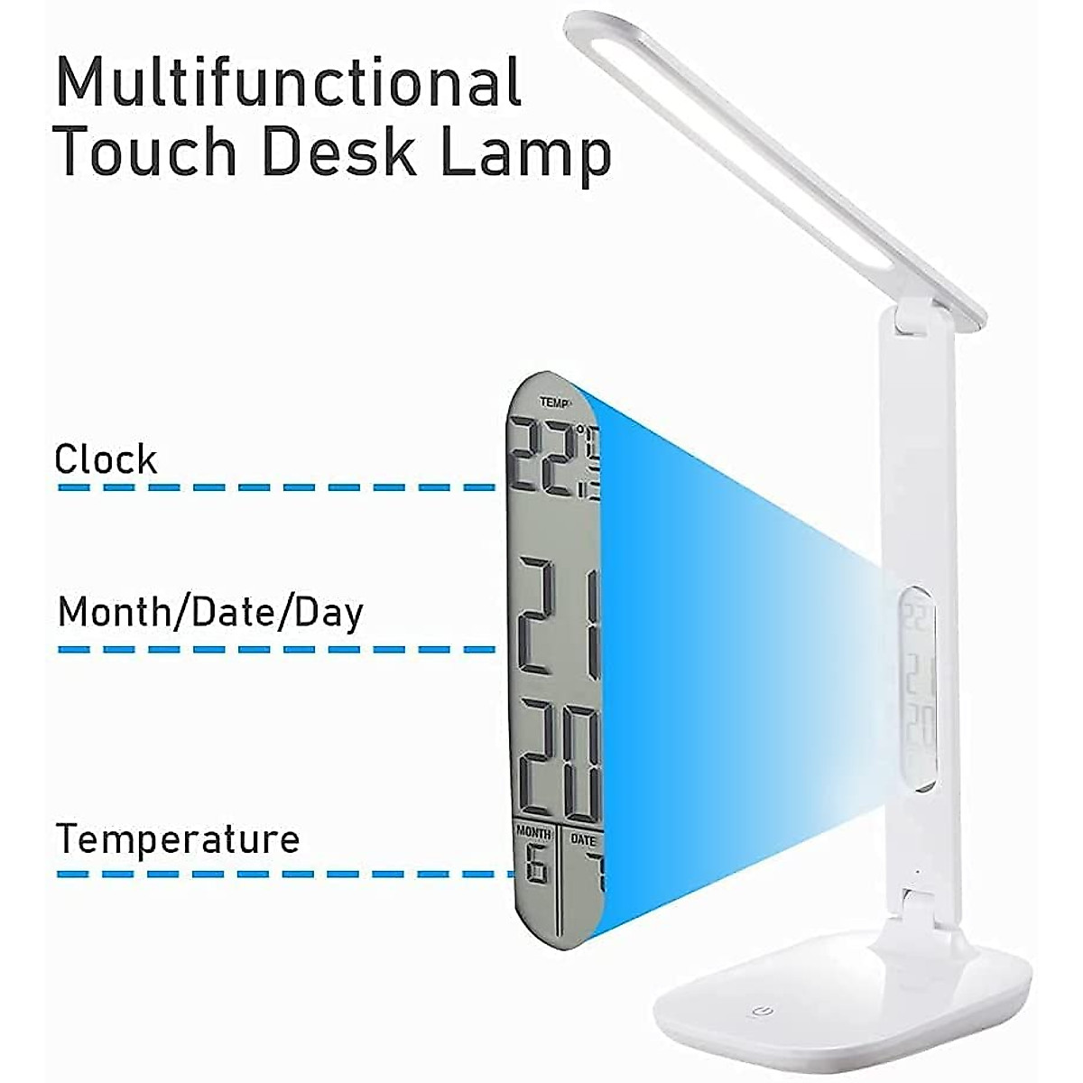 LED Desk Lamp with Time, Date, Temperature Display, 3 Modes Lighting/Brightness Adjustable Bedside Table Lamp, Touch Control Eye-Caring Night Light for Home Office (White)