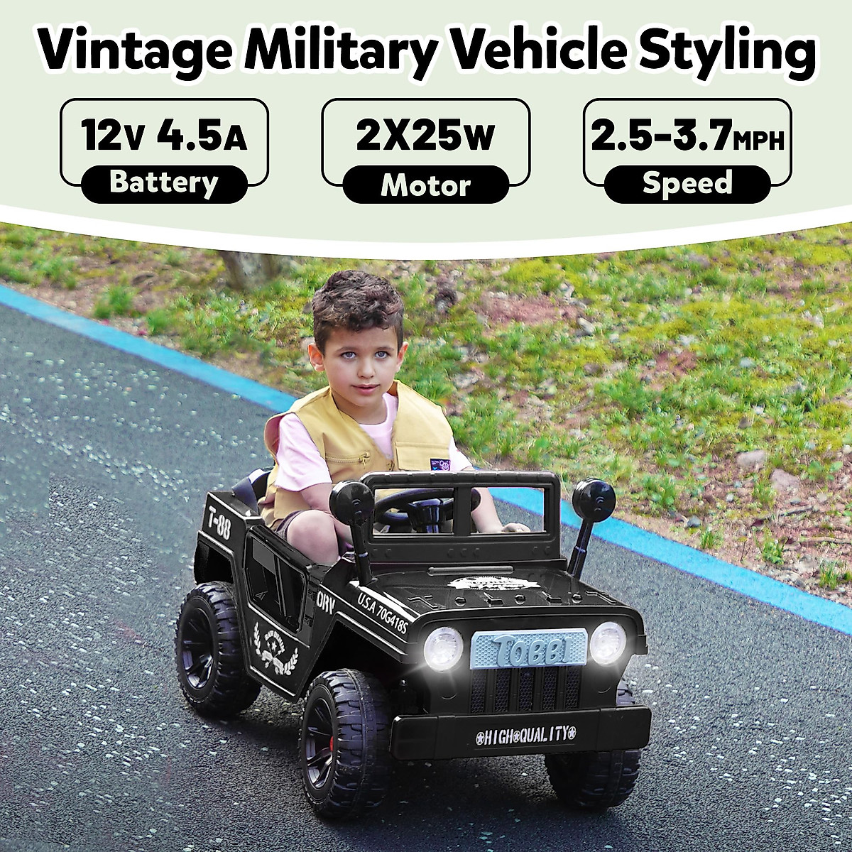 TOBBI 12V Off-Road Kids Ride On Car Truck, Battery Powered 4 Wheels Ride On Toys for Boys and Girls Aged 2-6 Years w/Horn, LED Lights, Portable Pull Rod, Double Open Doors, Orange