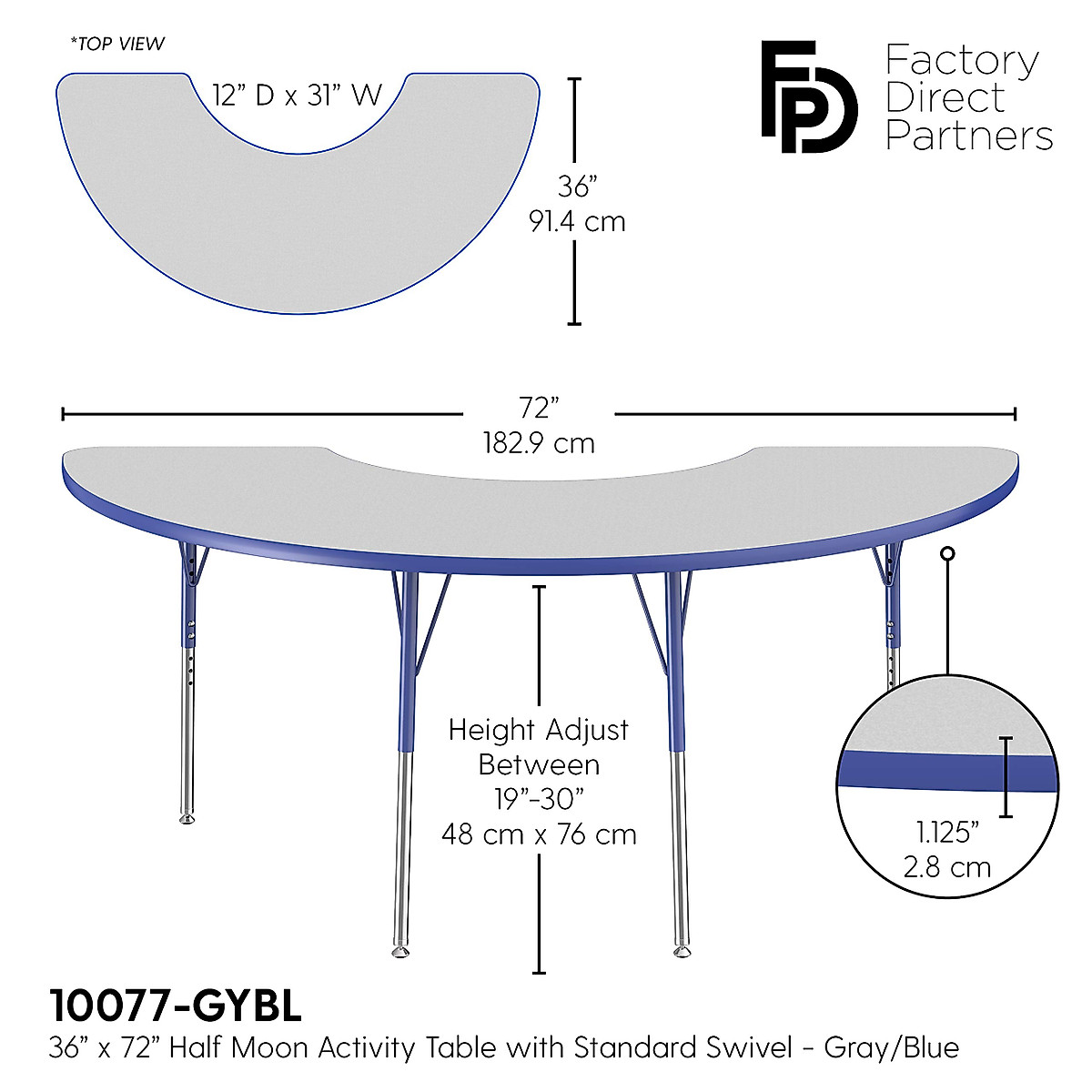 Factory Direct Partners 10077-GYBL Half Moon Activity School and Office Table (36" x 72"), Standard Legs with Swivel Glides, Adjustable Height 19-30" - Gray Top and Blue Edge