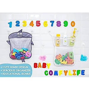 Comfylife Baby Bath Toy Organizer - Shark +36 Bath Letters & Numbers +Extra Bath Toy Storage Net & 10 Strong Hooks, Great Bath Net for Kids, Cute Bathtub Toy Organizer and Bath/Shower Caddy Solution