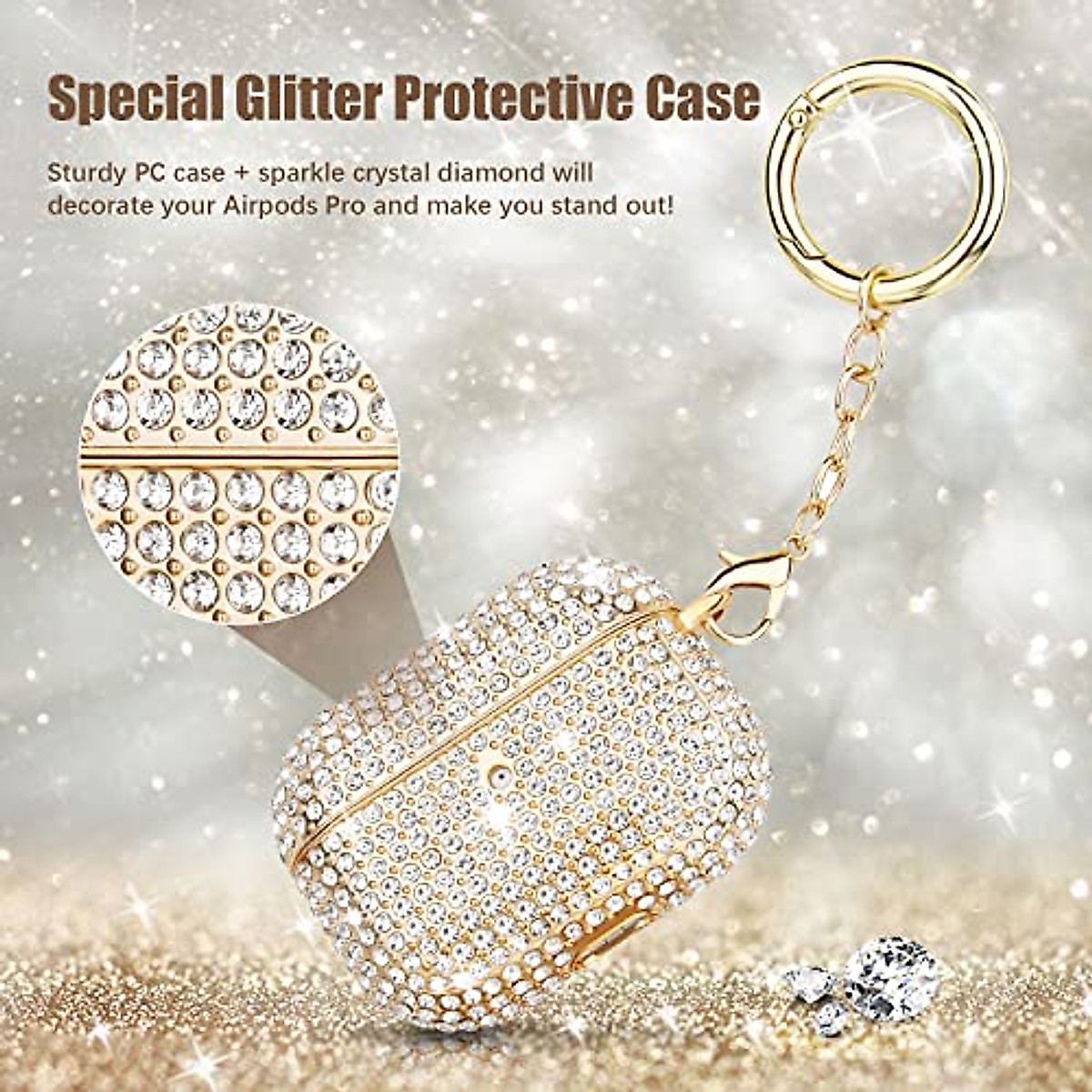 Case for AirPods Pro 1st Generation, Filoto Bling Crystal PC AirPod Pro Case Cover for Women Girls, Cute Air Pod Pro Protective Accessories with Lobster Clasp Keychain (Gold)
