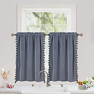 CAROMIO Cafe Curtains Boho Tassels Luxury Velvet Basement Kitchen Window Curtain Panels for Living Room Elegant Home Decor Rod Pocket Window Treatment, Grey, 26" W x 36" L, Set of 2