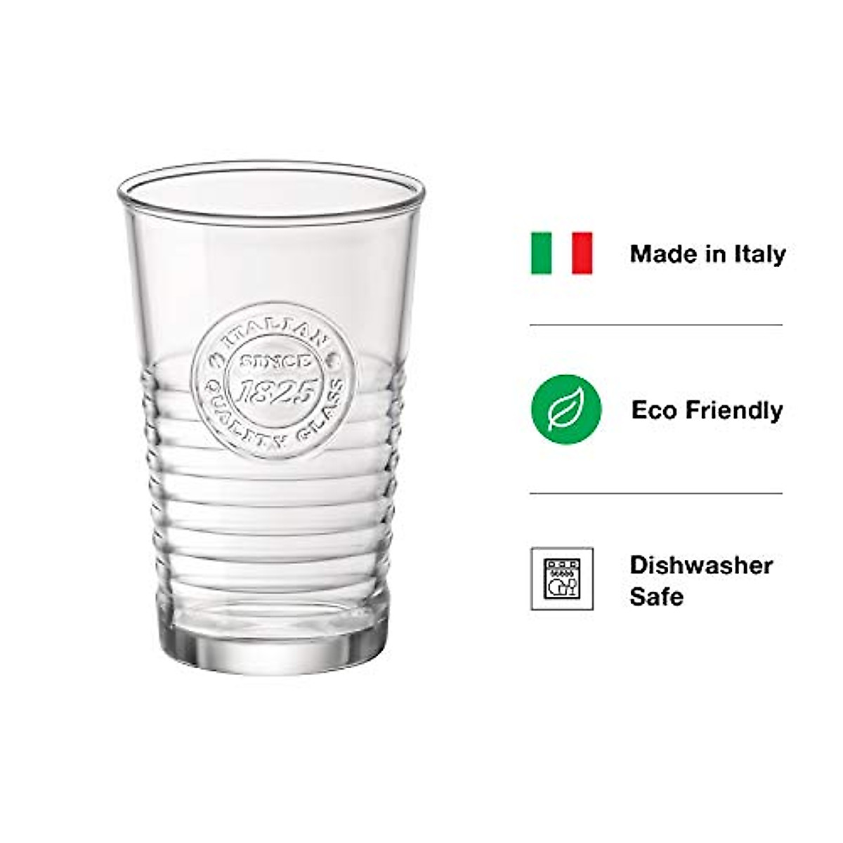 Bormioli Rocco Officina Water Glasses – Set Of 4 Clear Drinking Tumblers With Textured Ring Design & Vintage Stamp Logo – 11oz High Capacity Tall Cups For Soda, Juice, Milk, Coke, Beer, Spirits