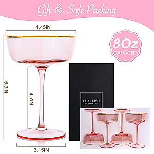 LUXULISH Heart-Shaped Martini Glasses with Golden Rim, Stunning Pink Coupe Glasses Set of 4, Great Cocktail Gift Choice for Wedding, Valentine's Day, Birthdays, Anniversary or Special Date Night - 8Oz