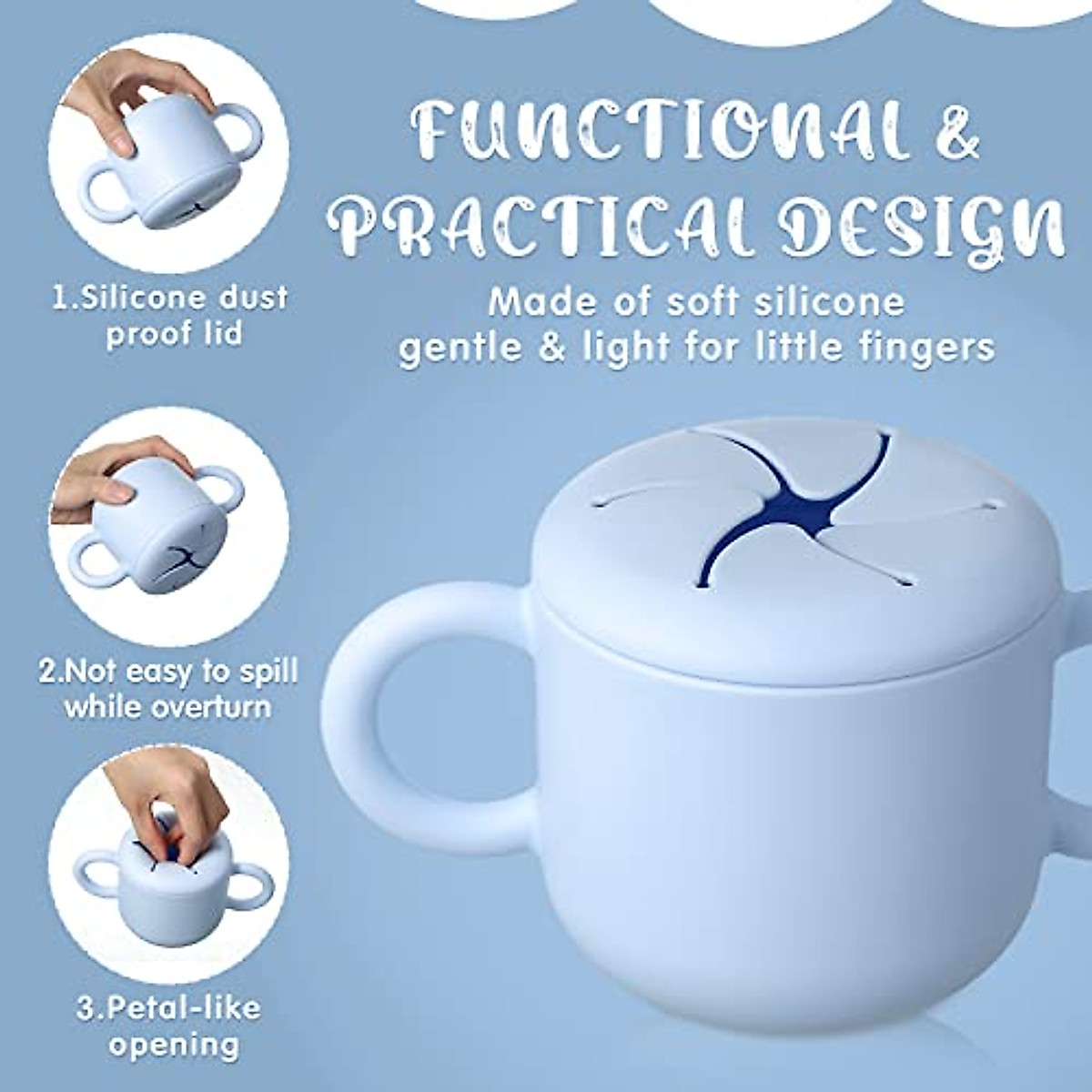 Zopeal 6 Pieces Silicone Snack Cups for Toddlers Spill Proof Food Container with Dust Proof Lid Double Handles for Infants Boys Girls, 6 Colors