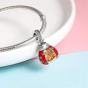 Ginger Lyne Collection Lucky Ladybug Charm for Bracelet or Necklace for Women European Bead Yellow CZ Red Enamel Over Sterling Silver