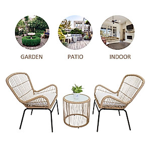 Livavege 3 Piece Patio Furniture Outdoor Wicker Balcony Bistro, Weather Rattan Conversation Chairs Set with Glass Top Table and Soft Cushions for Backyard, Pool, Deck, Garden, Brown