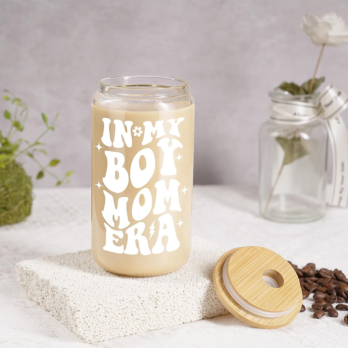 Fairy's Gift Boy Mom Iced Coffee Cup, Cute Boy Mom Gifts, 16 oz Coffee Glass Cups with Lids Straws - in My Boy Mom Era - Boy Mom Christmas, Boy Mama Birthday Gifts - Gifts for New Mom, Expecting Mom