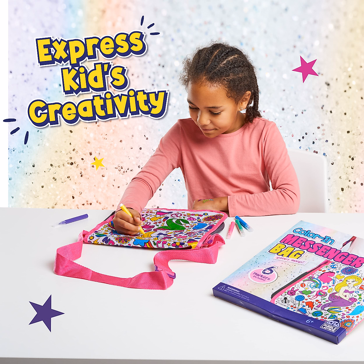 PURPLE LADYBUG Color Your Own Bag with 6 Markers Craft Set - Unique Mermaid Crafts for Girls Ages 6-8 & Mermaid Gifts for Girls 5-7 Years Old, Craft Kits for Girls Ages 6-8, Summer Crafts for Kids