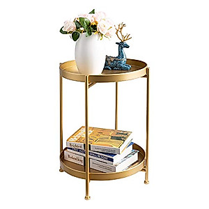 HollyHOME 2-Tier Round Metal End Side Table, Accent Anti-Rust Waterproof Simplistic Sofa Table, Modern Tray Outdoor&Indoor Folding Coffee Table, (D) 15.75" x(H) 20.47", Golden