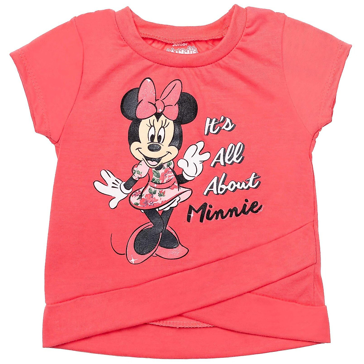 Disney Minnie Mouse Toddler Girls Crossover T-Shirt Bike Shorts and Scrunchie 3 Piece Outfit Floral Coral/White 4T