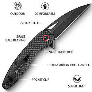 LOTHAR Seagull EDC Pocket Knife with Carbon Fiber Handle and 3" D2 Knife Blade, Ultra Light 2.2oz and Razor Sharp, Slim Pocket Knife Small Folding Utility Knife Mini Box Cutter for Men Women