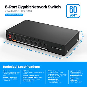 Amcrest 8-Port Switch with 4-Ports POE+ 802.3af/at 60W, Metal Housing, (AGPS8E4P-AT-60-V2)