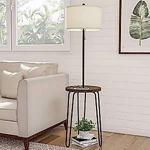 Lavish Home Floor Lamp with Table - Mid-Century Modern Nightstand or Side Table with USB Port and Hairpin Legs - Standing Light with Shelves