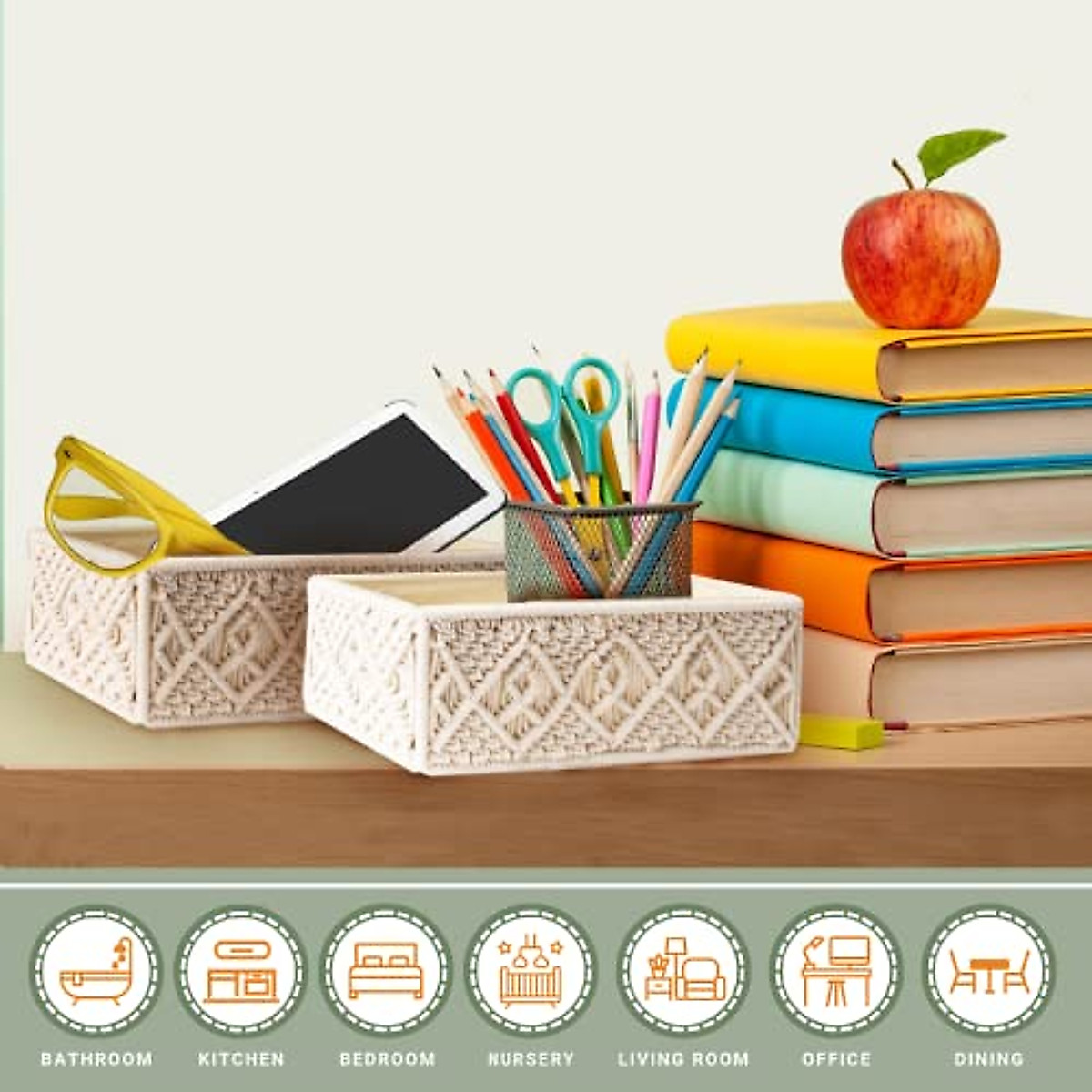 Livalaya Macrame Storage Baskets and Decorative Bins with Lining, Woven Boho Basket Box Organizers for Bathroom Countertop and Toilet Paper Holder, Bedroom, Baby Nursery and Home Organization Set of 2, US Brand