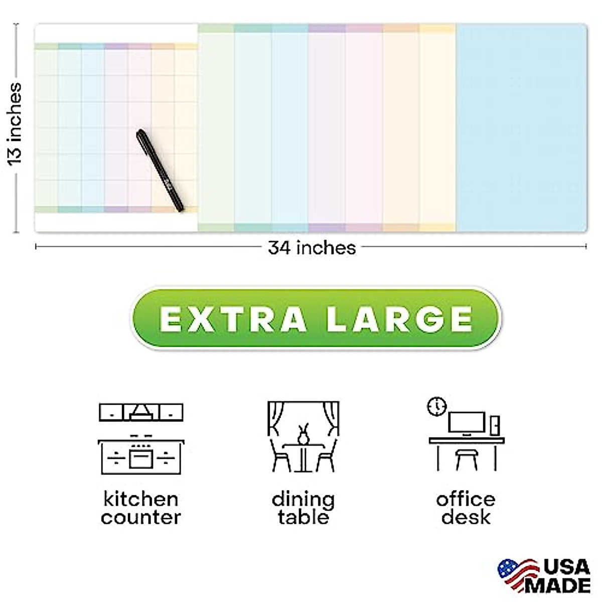 M.C. Squares 3-in-1 Dry Erase Desk Mat, Mouse Pad & Calendar | Erasable Writing White Board | Large Non-Slip Desktop Protector for Office, Home, School | Includes Wet Erase Marker | 34"x13"
