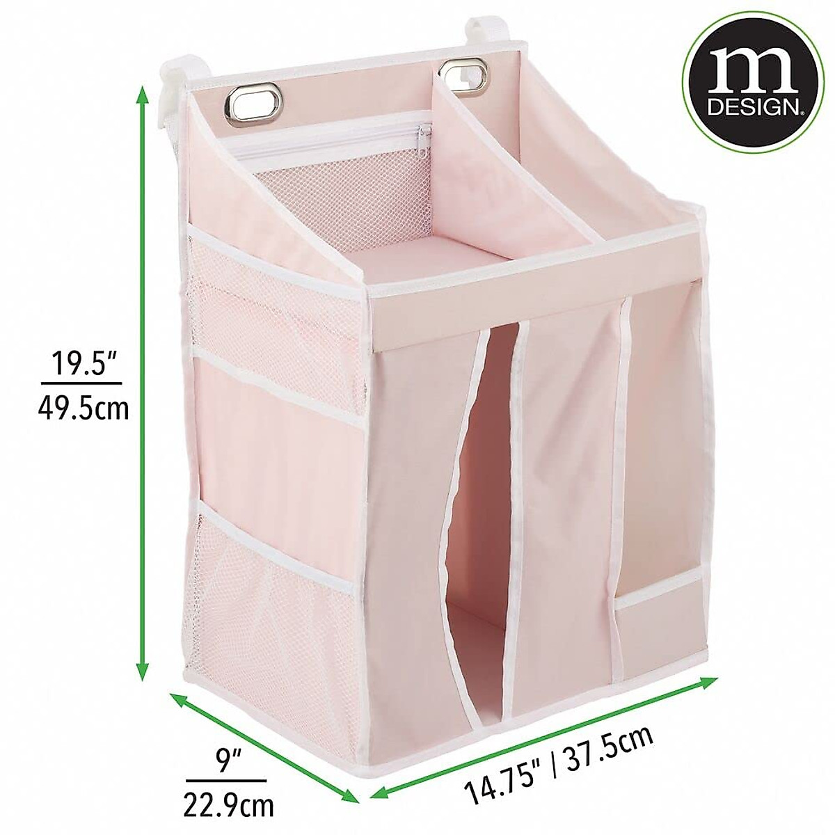 mDesign Baby Nursery Hanging Storage Organizer Caddy and Diaper Stacker for Baby Essentials, Hang on Crib, Changing Table or Wall - Multiple Pockets to Store Wipes, Creams, Lotions,Toys - Light Pink