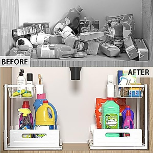 SPACEKEEPER Under Sink Organizer, 2-Tier Sliding Under Bathroom Sink Storage Pull Out Cabinet Organizer Metal Material Multi-purpose for Kitchen Bathroom, White, 2 Pack