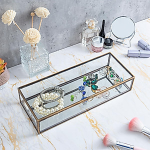 MyGift Glass Jewelry Box, Vintage Style Brass Metal & Clear Glass Mirrored Shadow Box Jewelry Display Case with Hinged Top Lid