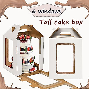 Hzzycaxli 6Pcs Tall Cake boxes with 6 windows and Cake Boards,10x10x12 Inch Large Tiered Cake Box for Wedding Birthday Transport,Durable White Bakery Box Disposable Cake Containers Cake Boxes