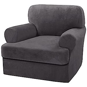 Sofa Cover 2 Piece T Cushion Armchair Slipcovers Thick Velvet Couch Cover Furniture Protector Stretch T Cushion Sofa Covers for 1 Cushion Couch with 1 Individual T Cushion Covers Washable, Grey