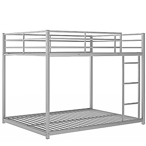 Full Over Full Bunk Bed with Ladder,Metal Floor Bunk Bed Frame with Safety Guardrail and Steel Slats Support for Kids Teen Girls Boys Adults Bedroom Furniture,Heavy Duty Metal Bed Frame (Silver, Full)