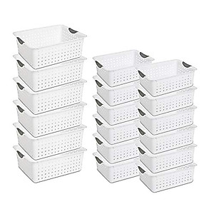 Sterilite Large Ultra Plastic Basket with Handles, 6 Count, and Medium Ultra Plastic Basket with Handles, 12 Count Storage Solution System for Home