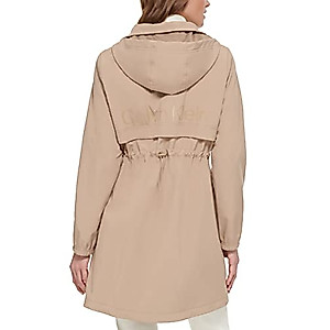 Calvin Klein Women's Water Resistant Adjustable Waist Hooded Back Logo Detail Anorak, Khaki Medium