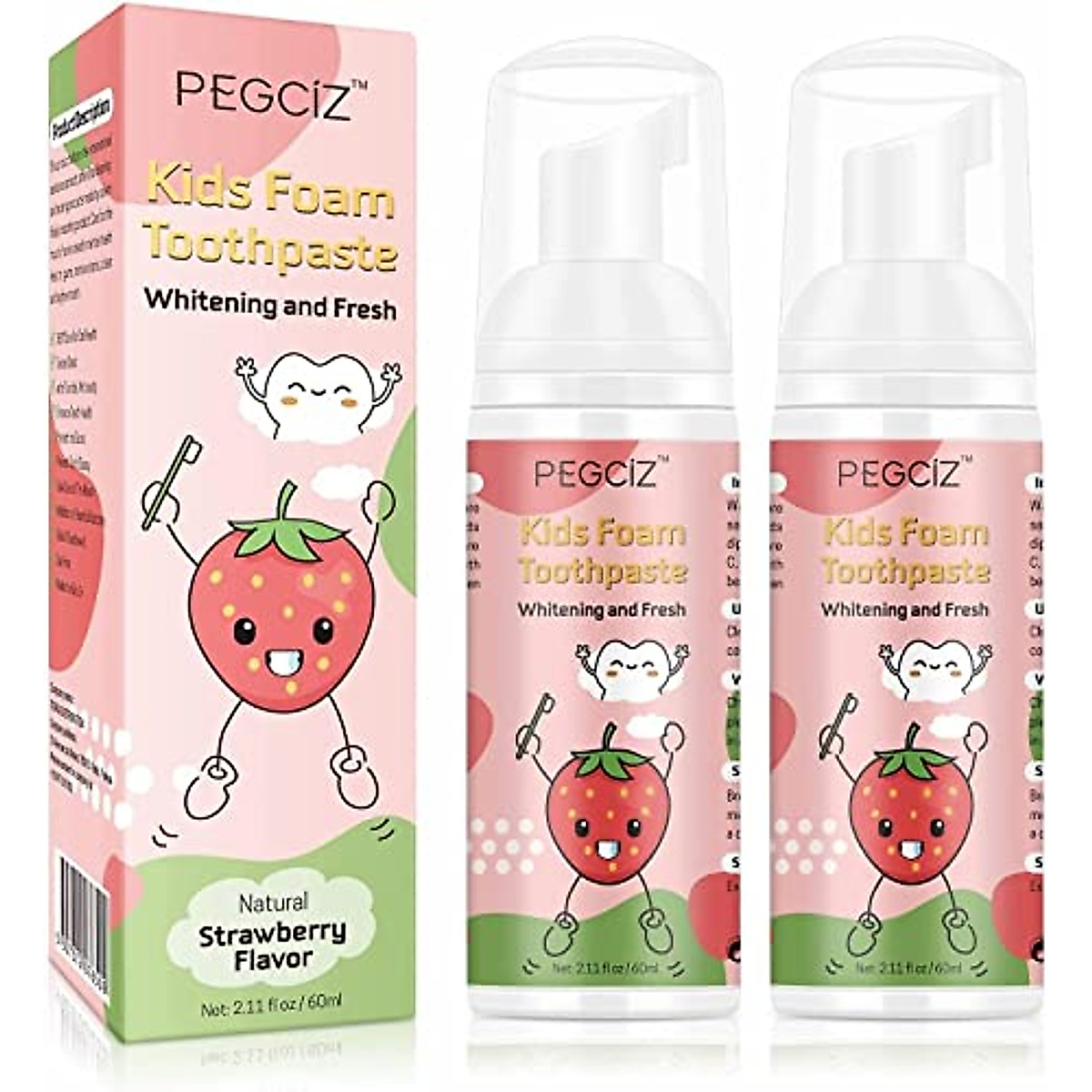 Foam Toothpaste Kids 2 Pack,Toddler Toothpaste with Low Fluoride for U Shaped Toothbrush, Foaming Toothpaste and Mouthwash for Dental Care for Children Kids Age for 3 and Up (Strawberry)