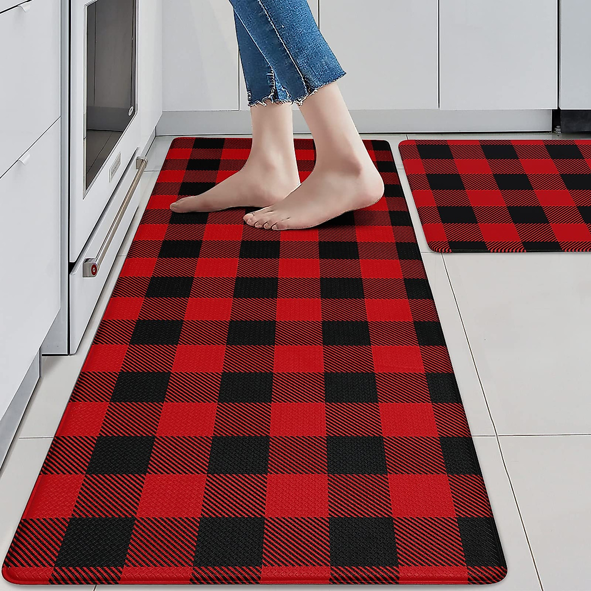 MAYHMYO Kitchen Mats Cushioned 2PCS Black and Red Kitchen Rugs Non Skid Waterproof Kitchen Floor Mat Memory Foam Cushioned Rugs Anti-Fatigue Mats for Kitchen Floor Offices & Laundries