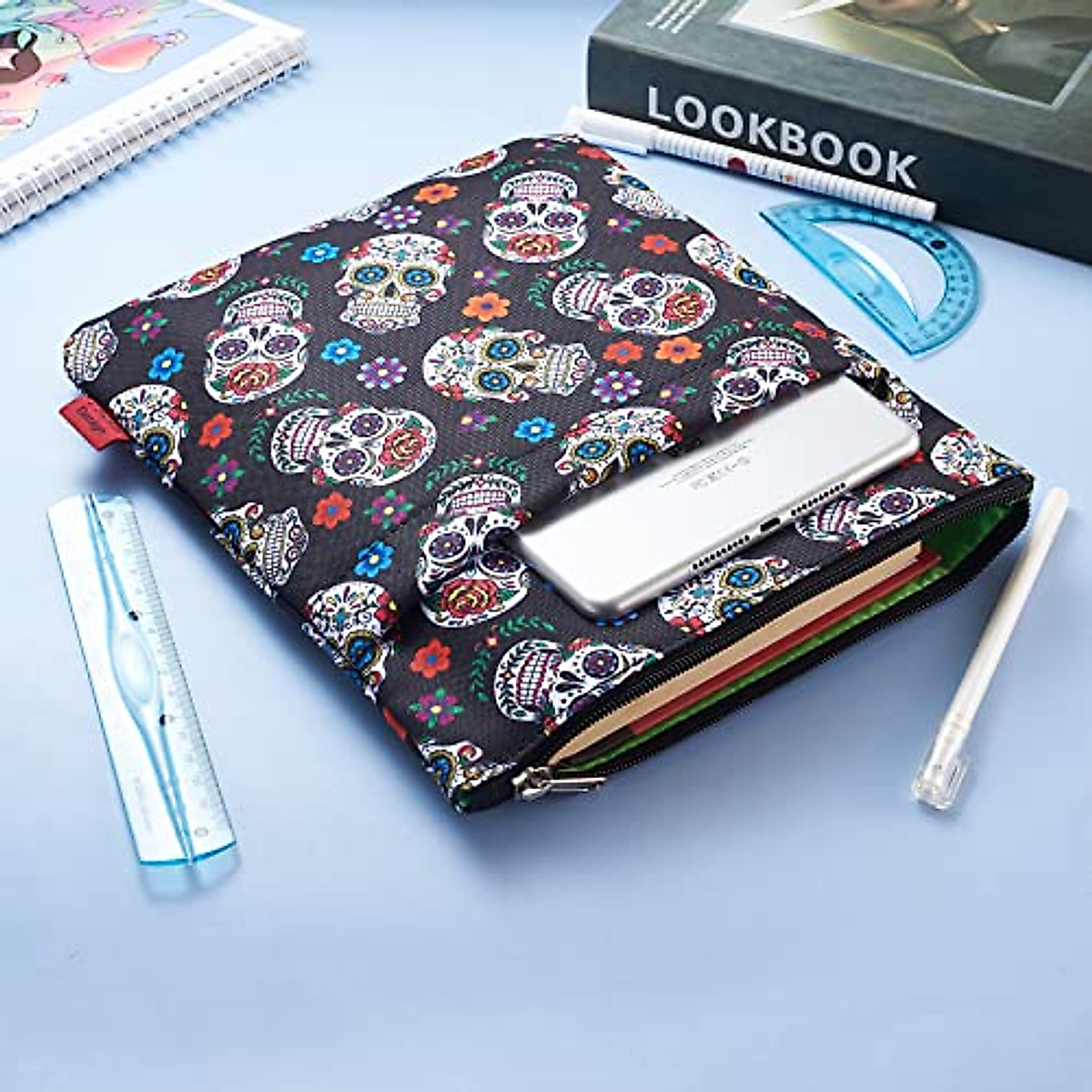 Sugar Skull Book Sleeve, Dia De Los Muertos Skull Gifts Day of The Dead Book Covers for Paperbacks, Book Sleeves with Zipper Protector 11 X 8.5 Inch