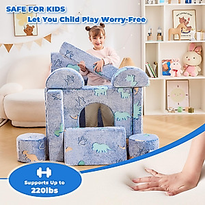 IFNOW 14pcs Modular Kids Play Couch, Kids Couch Toddler Couch, Child Sectional Sofa, Bedroom and Playroom Furniture for Toddlers, Blue Glow, Convertible Foam and Floor Cushion for Boys and Girls, Dino
