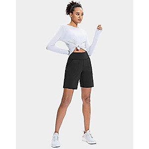 SANTINY Bermuda Shorts for Women with Zipper Pocket Womens High Waisted Long Shorts for Running Workout Athletic(Black_L)