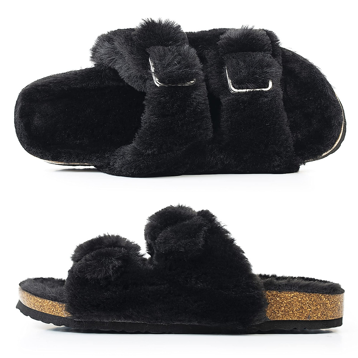 FITORY Womens Open Toe Slipper with Cozy Lining,Faux Rabbit Fur Cork Slide Sandals Black Size 9