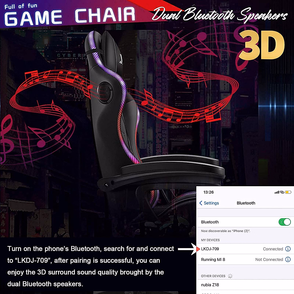White Gaming Chair with LED Light, Ergonomic Pro Gaming Chair with Full Massage Lumbar Support, Bluetooth Speakers Computer Chair for Retractible Footrest and Backrest Adjustable,White
