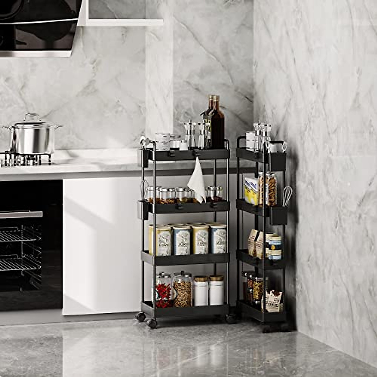 2 Pack 4 Tier Slim Storage Cart, Bathroom Organizer Storage Laundry Room Organization Rolling Utility Cart with Wheels, Mobile Shelving Unit Slide Out Standing Rack for Bathroom, Kitchen, Laundry