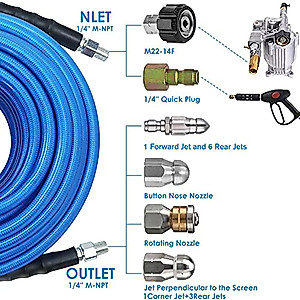 100FT Sewer Jetter Kit for Pressure Washer, 5800PSI Drain Cleaner Hose 1/4 Inch NPT Corner, Rotating Button Nose Sewer Jetting Drain Jetter Hose Nozzle Pearl Corsage Pin Spanners, Blue