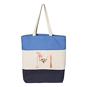 Customized Initial Tote Bag, Personalized Floral Initial Tote, Bridesmaid Gift, Bachelorette Party Gift, Wedding Gift, Birthday Gift (15"L x 15"H x 3"D, Tri-Color Blue)