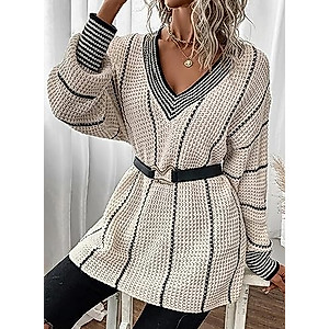 Dokotoo Womens Oversized Long Sleeve Sweaters Winter Trendy V Neck Striped Sweater Fashion Long White Sweaters for Women X-Large