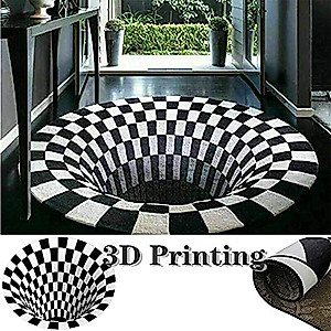 3D Rug, Removable Magic Floor Visual Illusion Shaggy Rug,Sofa Round Blanket,Black White Plaid Round Square Rugs Anti-Skid Non-Woven Durable Doormat 3D Visual Floor Rug Carpet for Living Room,A,0.6×0.6