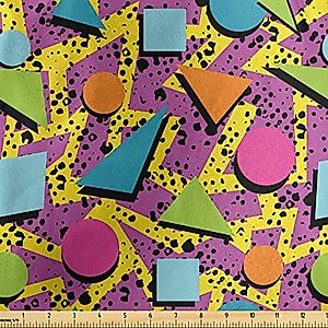 Lunarable Colorful Fabric by The Yard, Vibrant Colored Vintage Memphis Pattern in Eighties Fashion Funky Hipster Art, Decorative Satin Fabric for Home Textiles and Crafts, 1 Yards, Purple Yellow