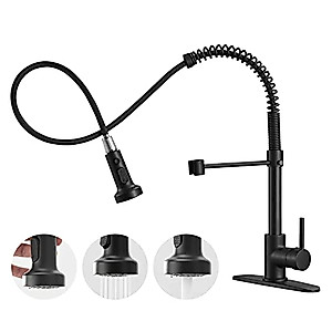 BESy Kitchen Faucet with Pull Out Pull Down Sprayer, Rv Brass High-Arc Single Handle Single Lever Spring Kitchen Sink Faucet, 3 Function Laundry Faucet, Matte Black Finish
