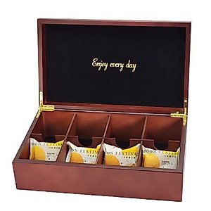 Large Capacity Wooden Tea Box Organizer, tea box storage & tea bag holder with 8 Compartments and Drawer, decorative box vintage tea box handmade wooden tea box, Cherry Color, Without Window Lid
