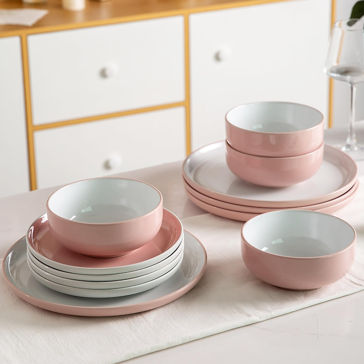 GBHOME Ceramic Dinnerware Sets,Double Color Glaze Plates and Bowls Set,Highly Chip and Crack Resistant | Dishwasher & Microwave Safe | Round Dishes Set Service for 4 (12pc)
