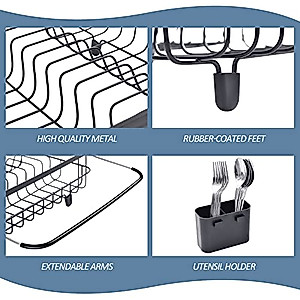 TOOLF Expandable Large Dish Rack, Dish Drying Rack Over The Sink, Adjustable Dish Rack in Sink or On Counter Dish Drainer with Utensil Holder Rustproof for Kitchen